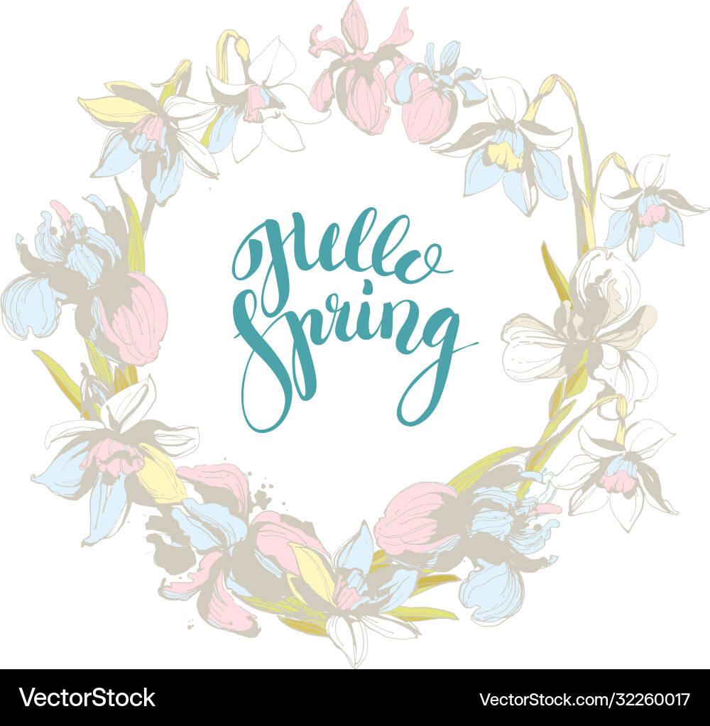 Lettering hello spring hand drawn floral Vector Image