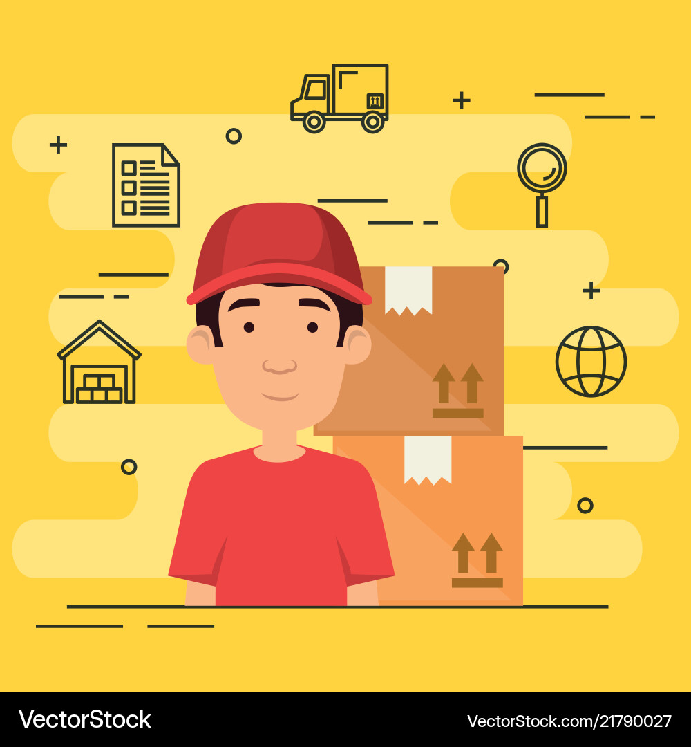 Delivery worker with set icons Royalty Free Vector Image