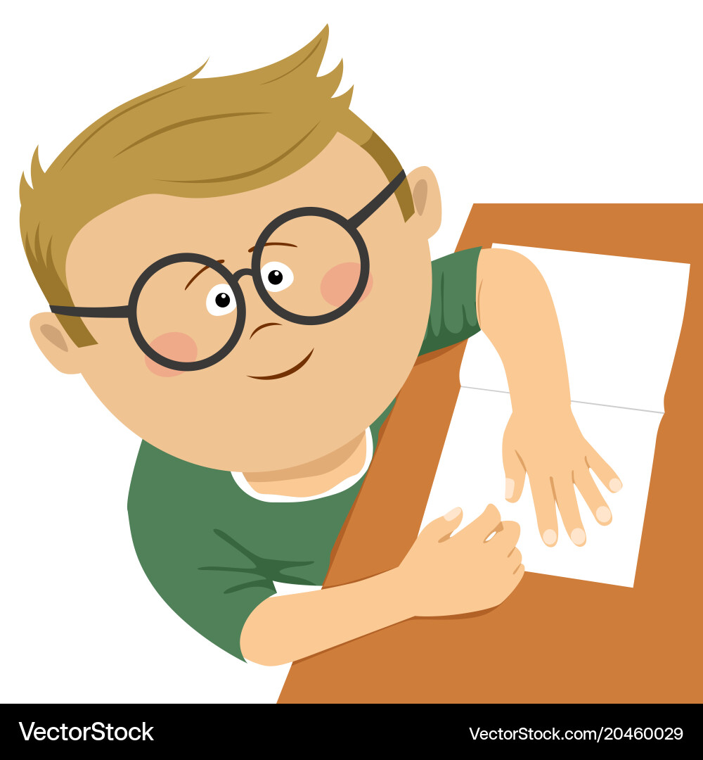 Little nerd boy with glasses doing his homework Vector Image