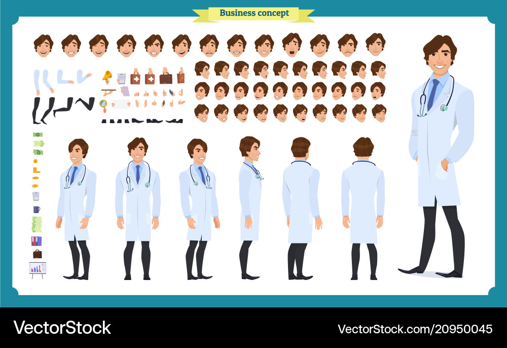 Front side back view animated character doctor Vector Image