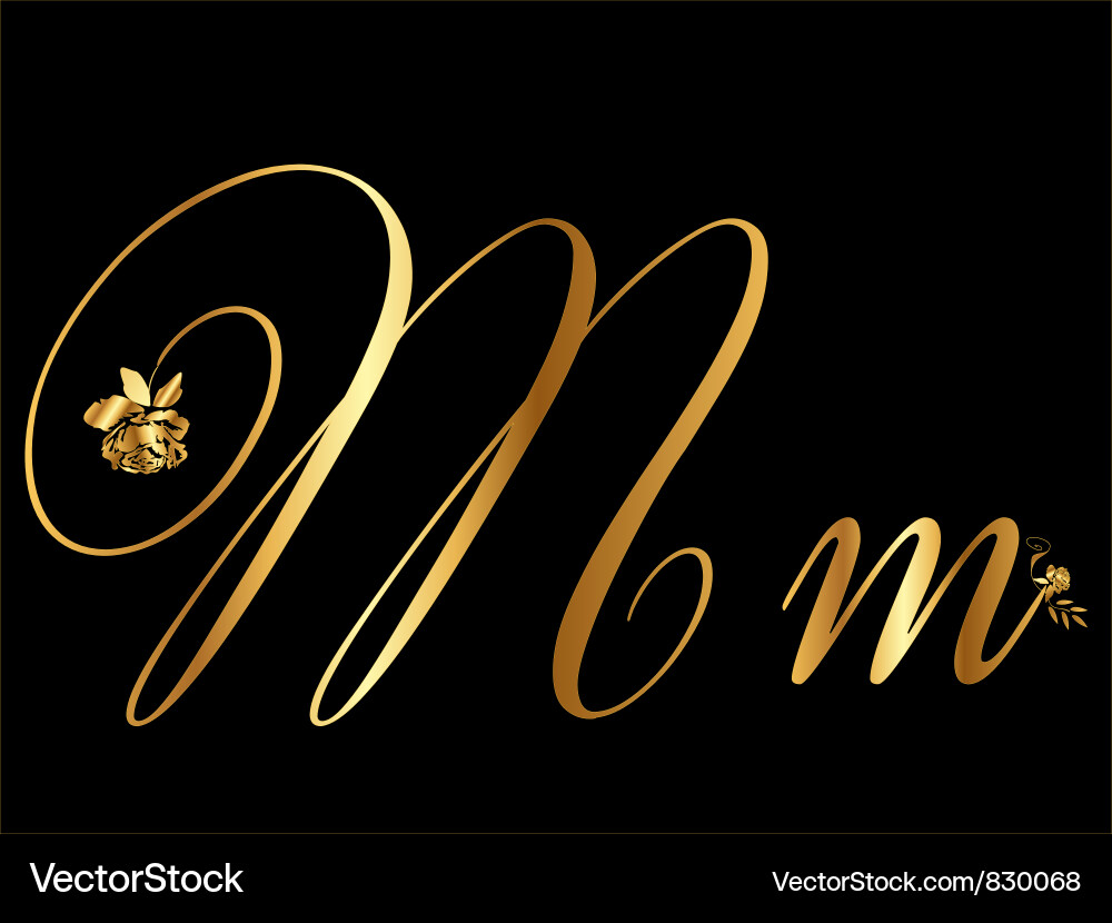 Gold letter m with roses Royalty Free Vector Image