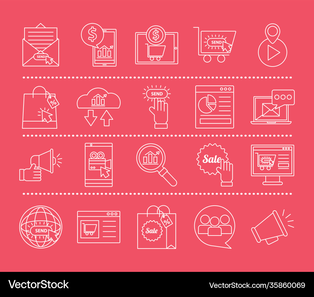 Digital marketing line style symbol set Royalty Free Vector