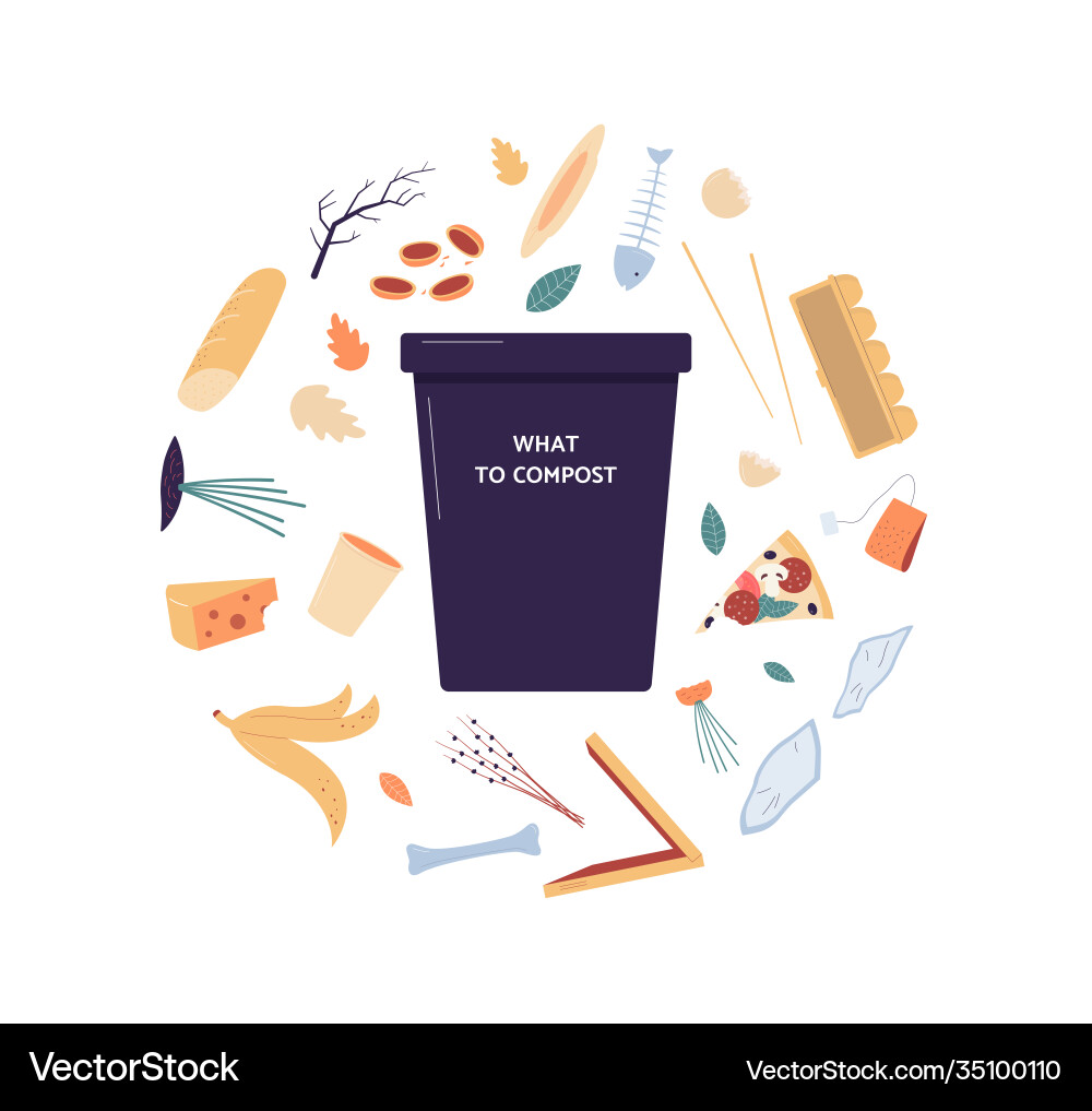 Compost bin with symbols organic waste flat Vector Image