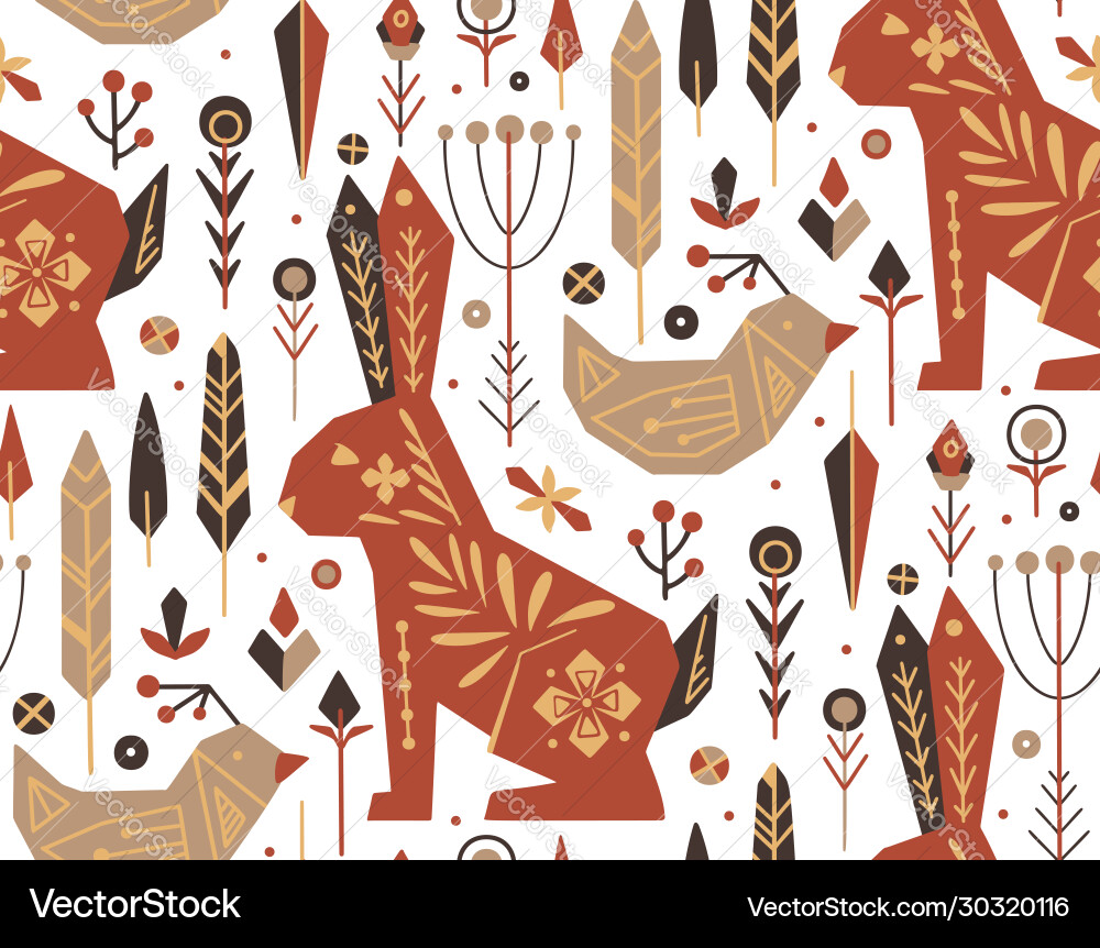 Seamless festive flat pattern rabbit birds Vector Image