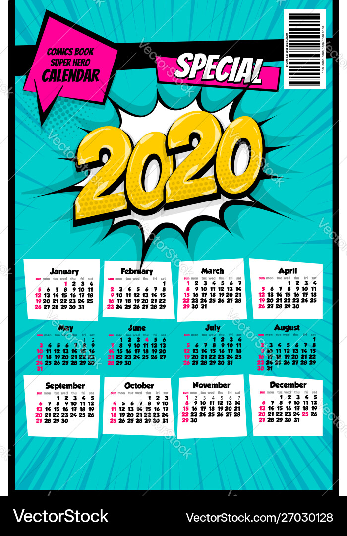 2020 colored calendar pop art style Royalty Free Vector