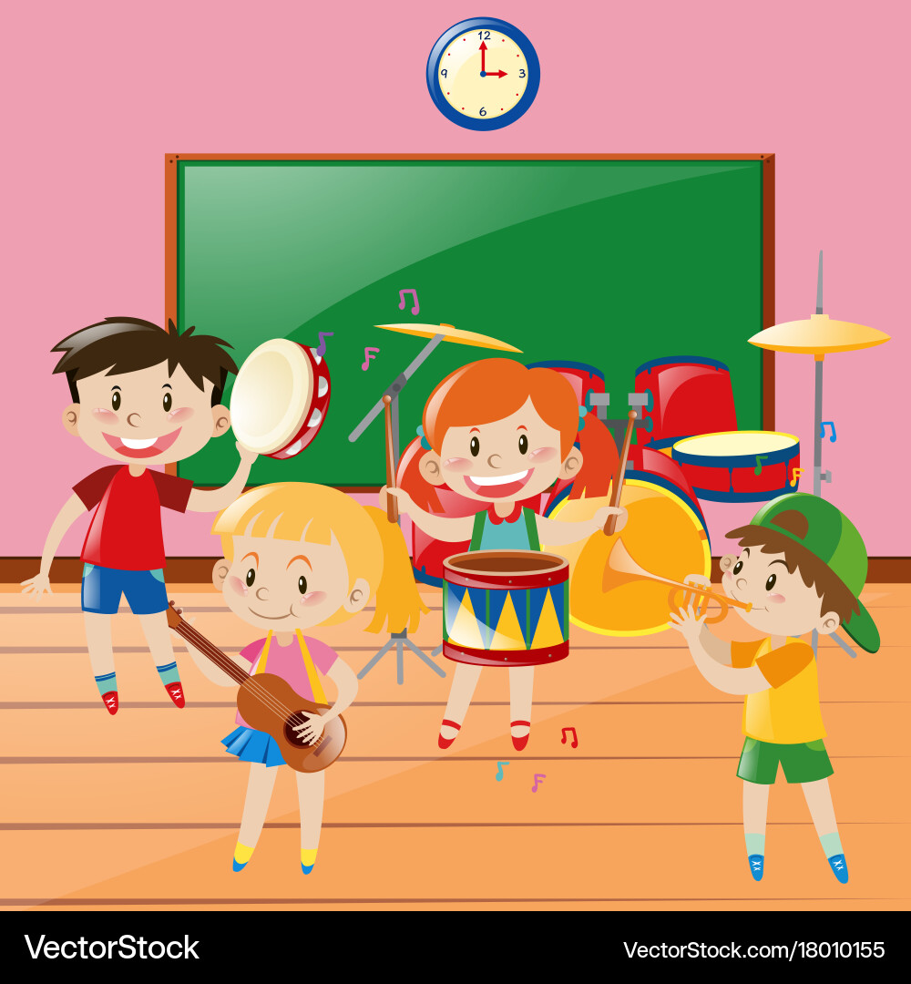 Children playing music in classroom Royalty Free Vector