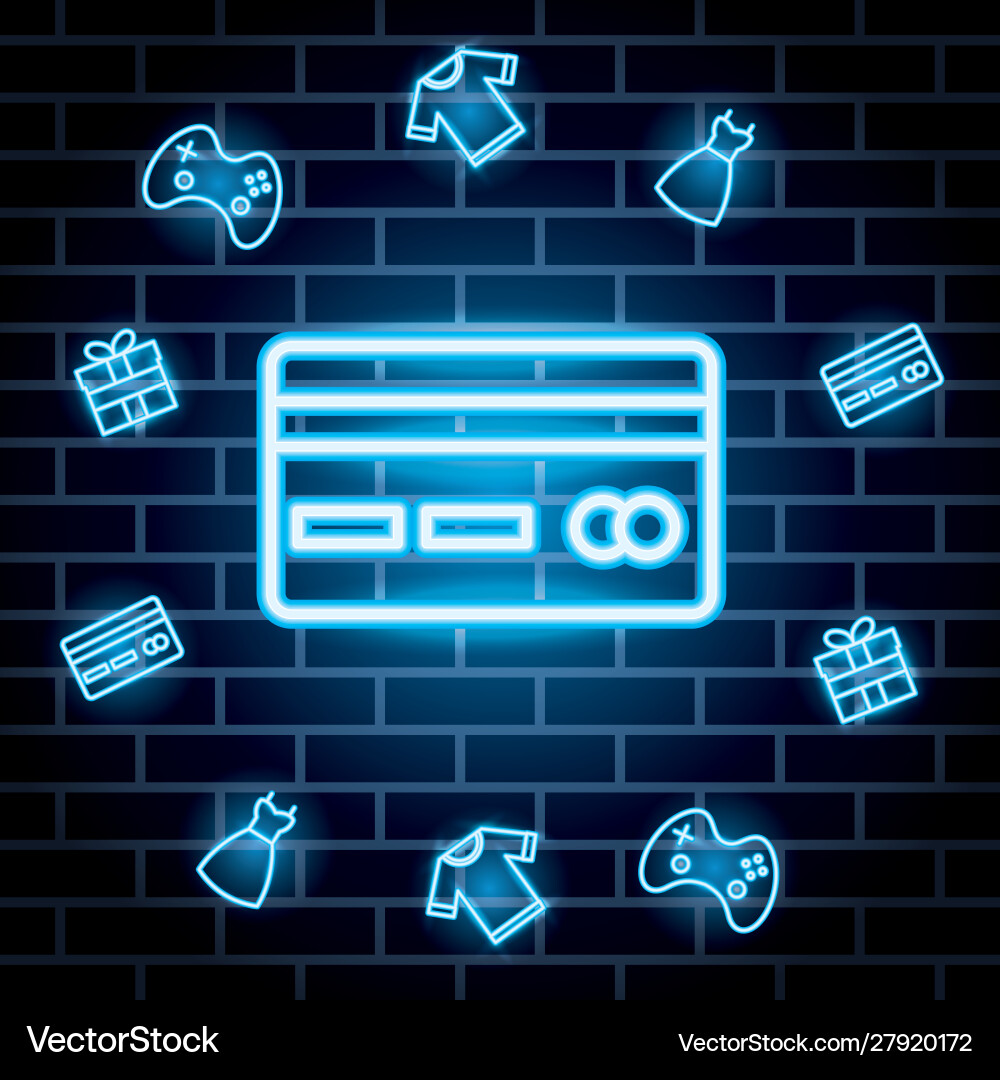 Neon lights label with credit card Royalty Free Vector Image