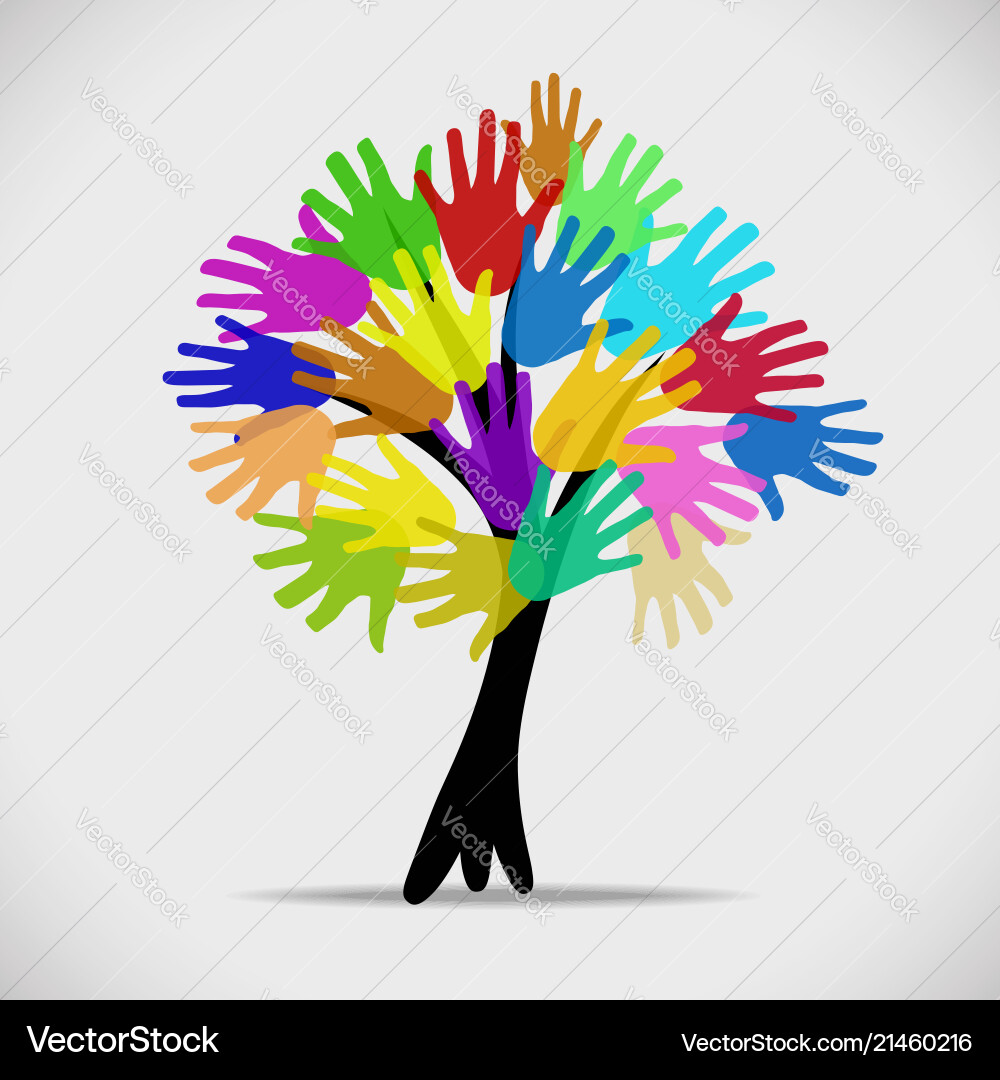 Tree with multicolor hands stock logo Royalty Free Vector