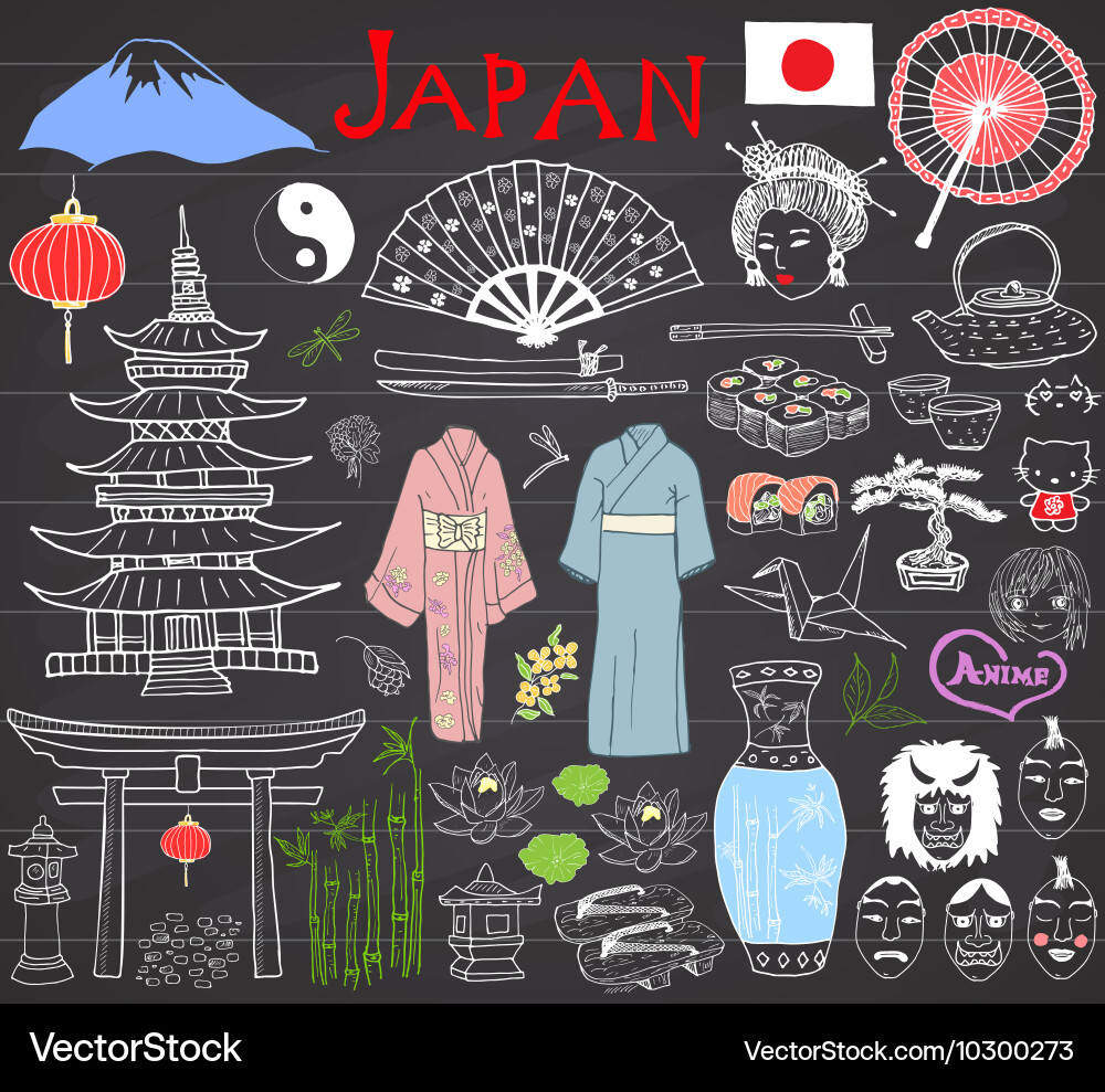 Japan doodles set hand drawn sketch Royalty Free Vector