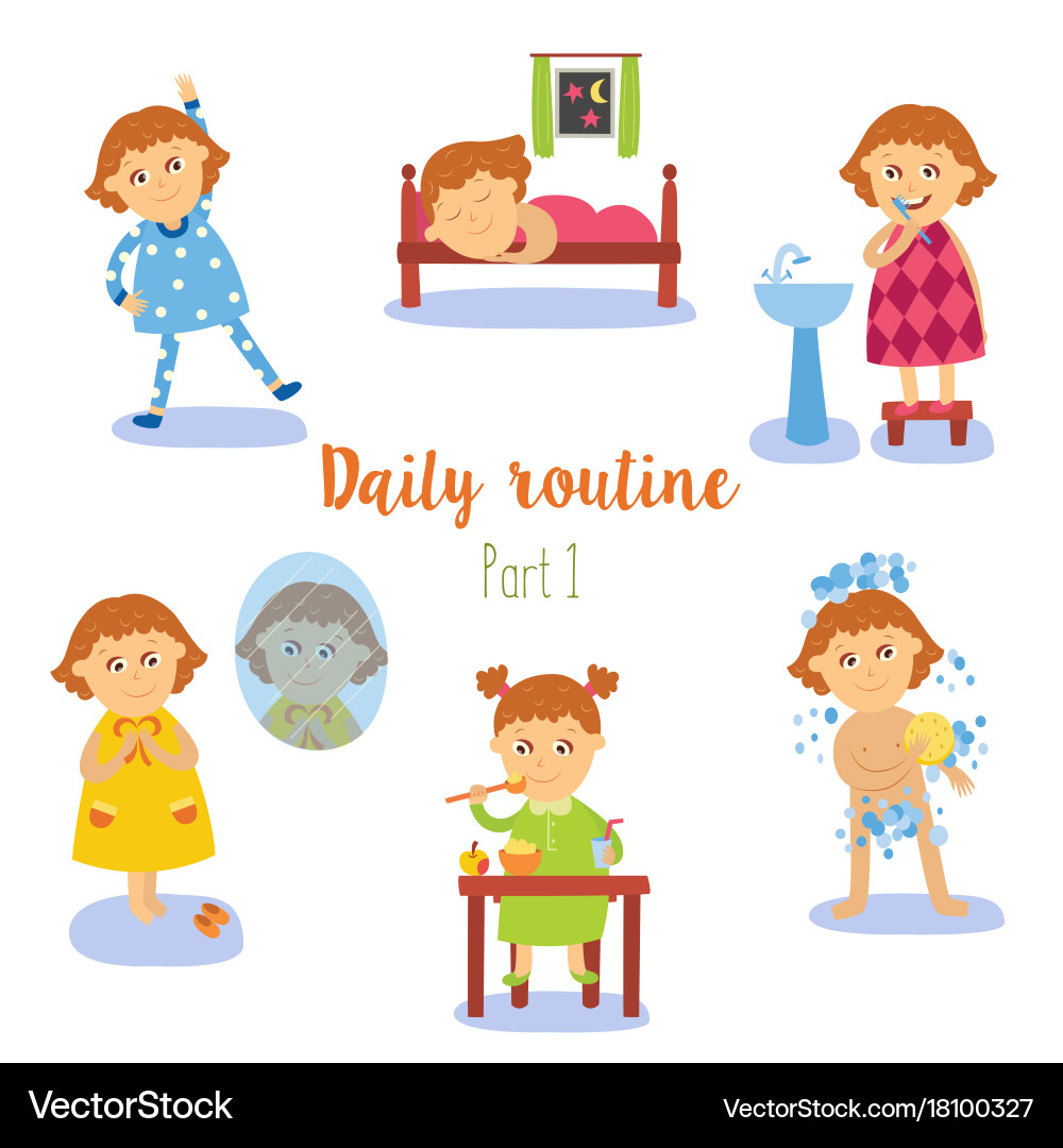 Flat cartoon kid doing routine activity set Vector Image