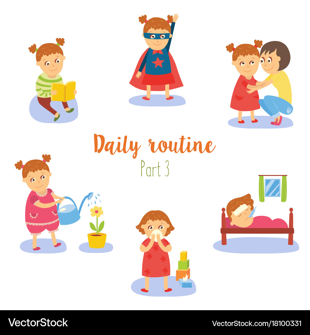 Flat cartoon kid doing routine activity set Vector Image