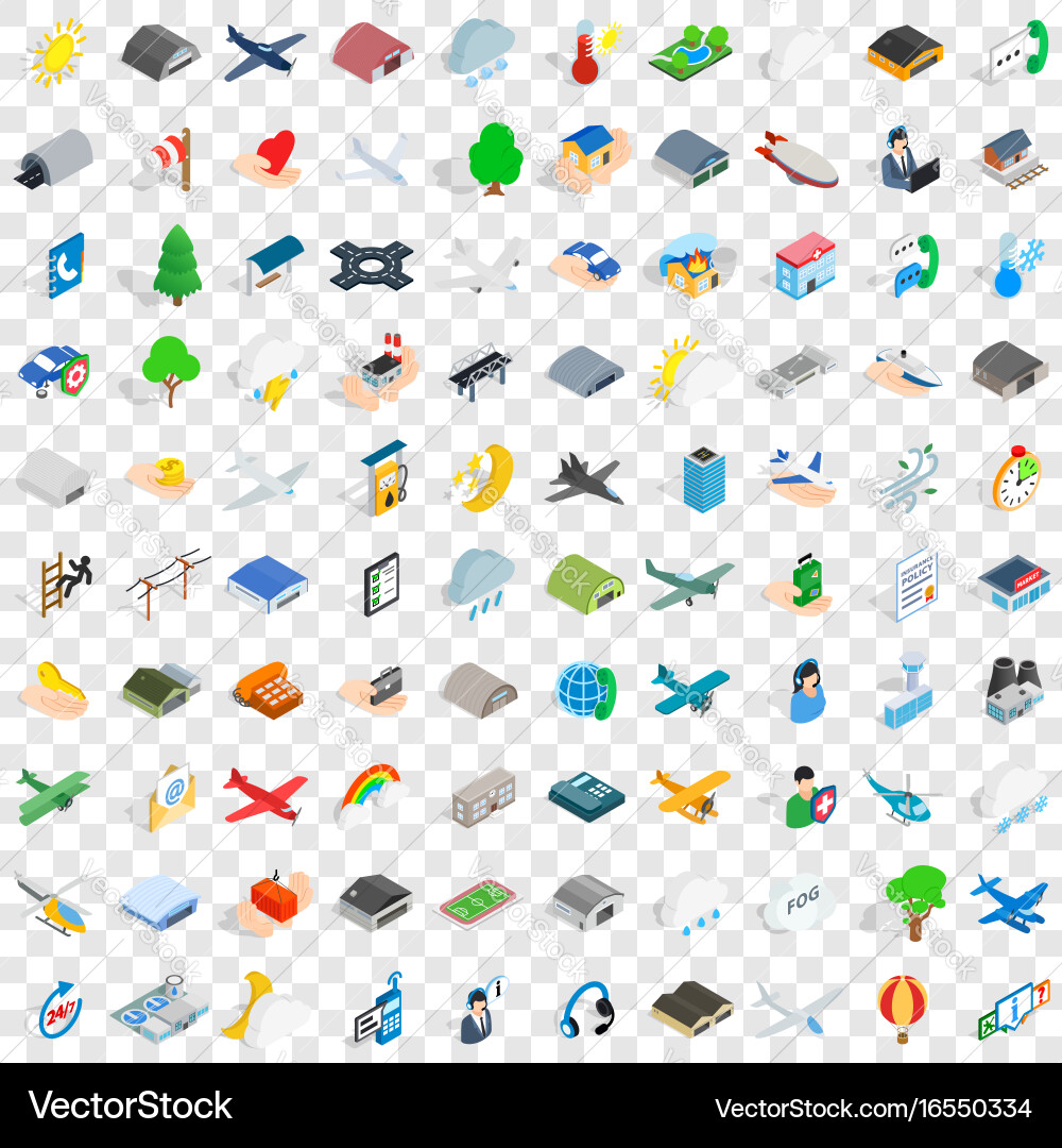 100 flight aviation icons set isometric 3d style Vector Image