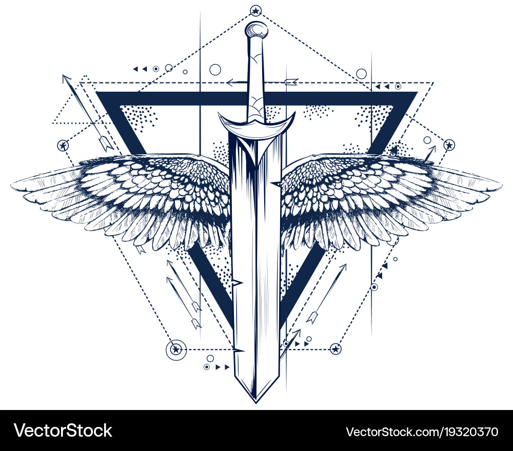 Gothic style sword with wings tattoo Royalty Free Vector