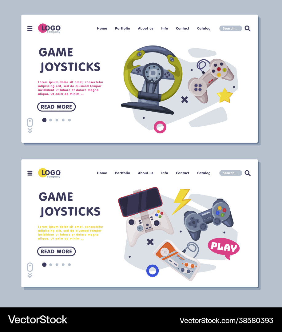 Game joystick landing page templates set gamepads Vector Image