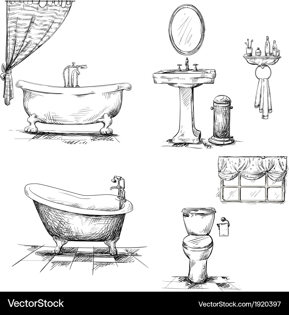 Bathroom interior elements hand drawn Royalty Free Vector