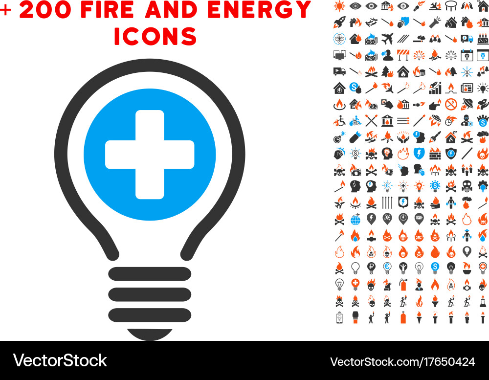 Medical bulb icon with bonus fire set Royalty Free Vector