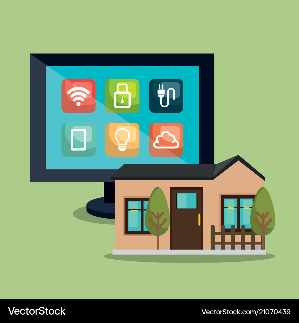 Desktop computer controlling smart home Royalty Free Vector