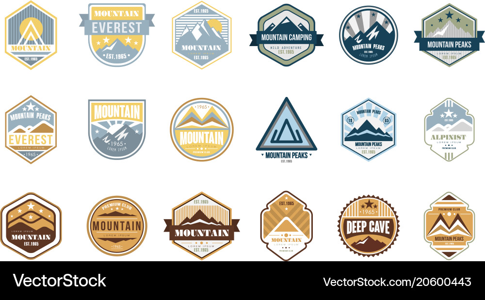Mountain camping logo set alpinist Royalty Free Vector Image