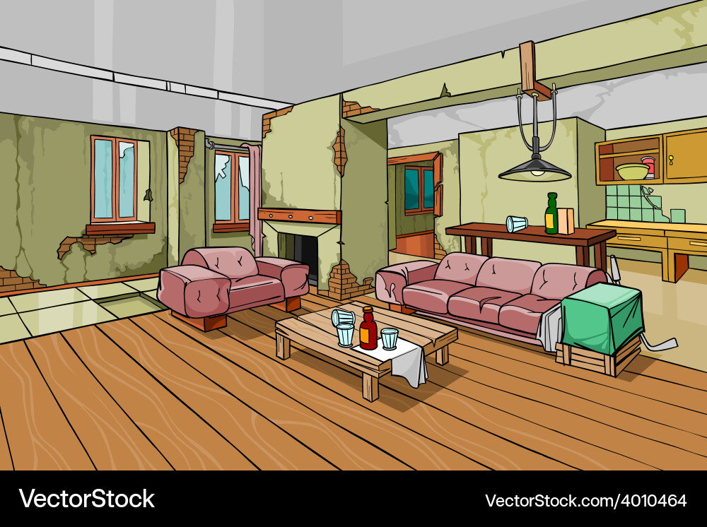 Cartoon old shabby apartment interior Royalty Free Vector