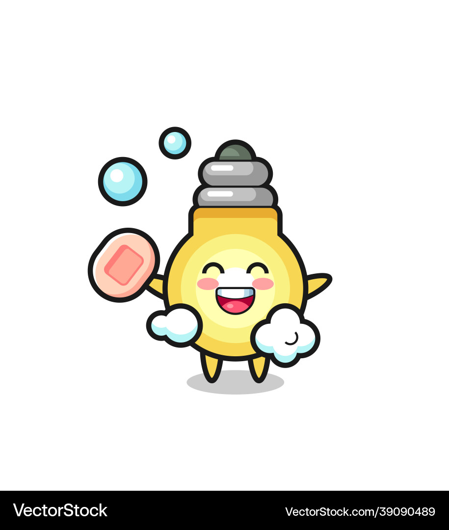 Light bulb character is bathing while holding soap