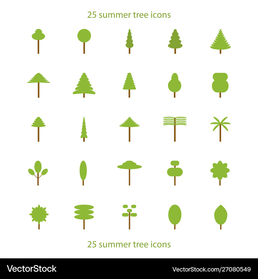 Set 25 green trees icons summer trees Royalty Free Vector