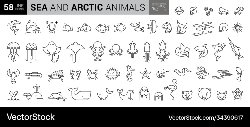 Sea creatures line icon set set line icons Vector Image