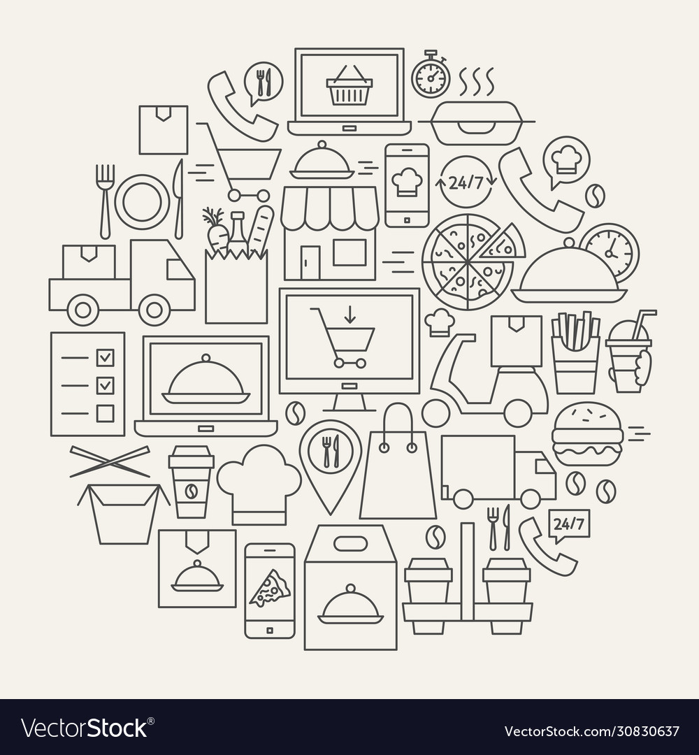 Food delivery line icons circle Royalty Free Vector Image