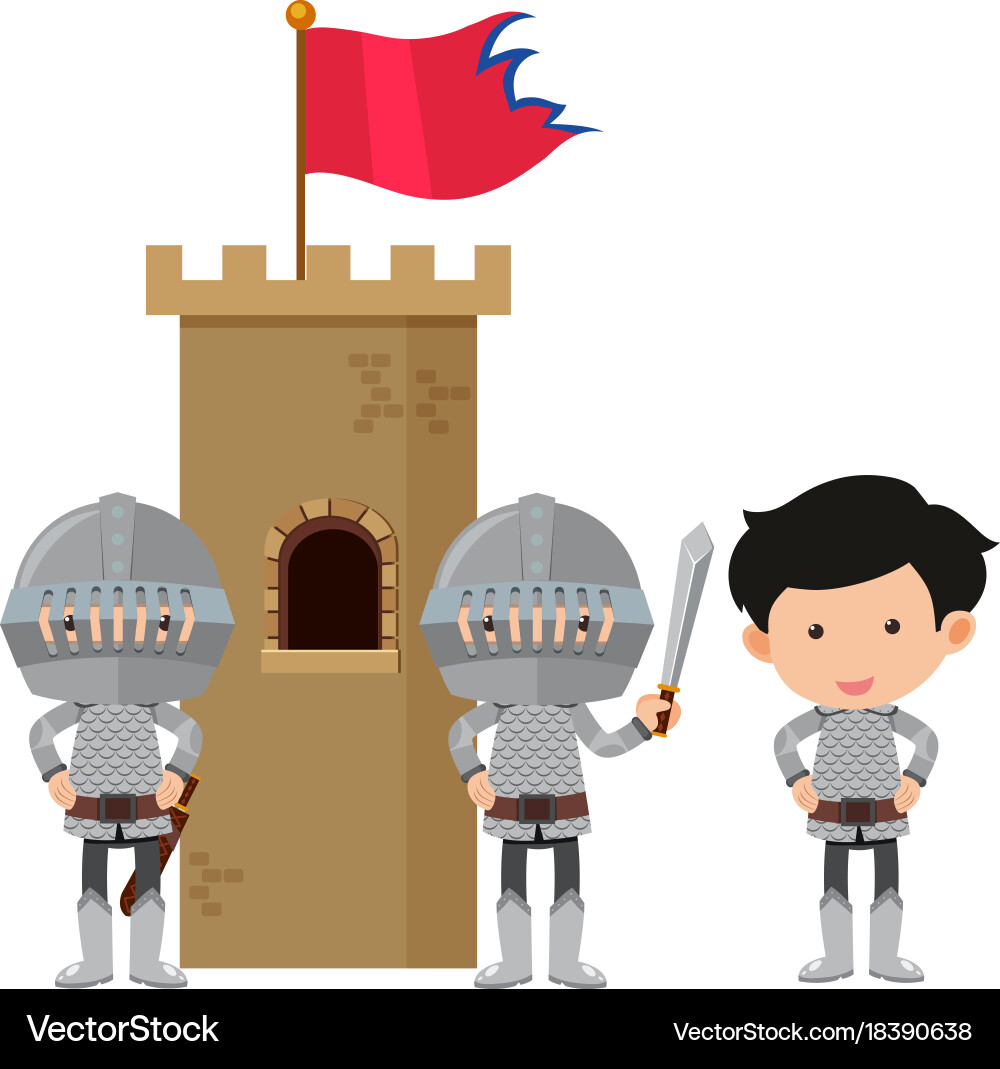 Three knights at the castle tower Royalty Free Vector Image