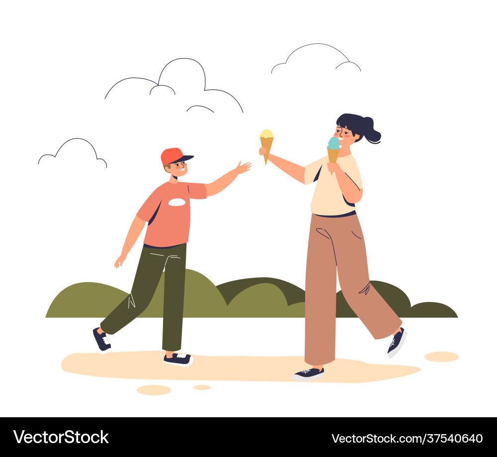 Small kids eat ice cream while walking outdoors Vector Image