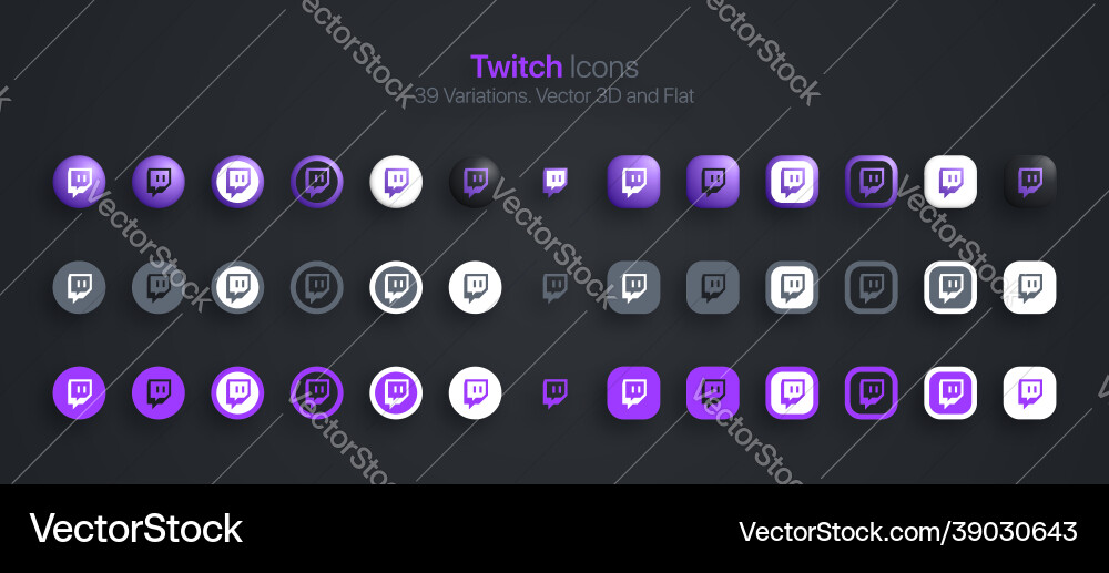 Twitch icons set modern 3d and flat in different Vector Image