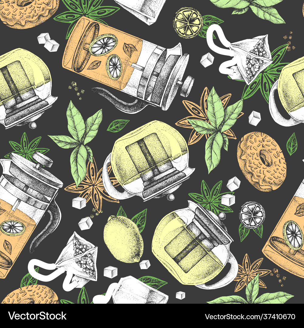 Seamless pattern with tea leaves and teapots Vector Image