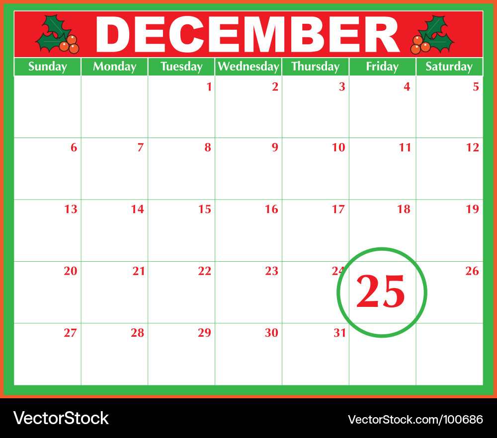 Christmas day calendar Royalty Free Vector Image
