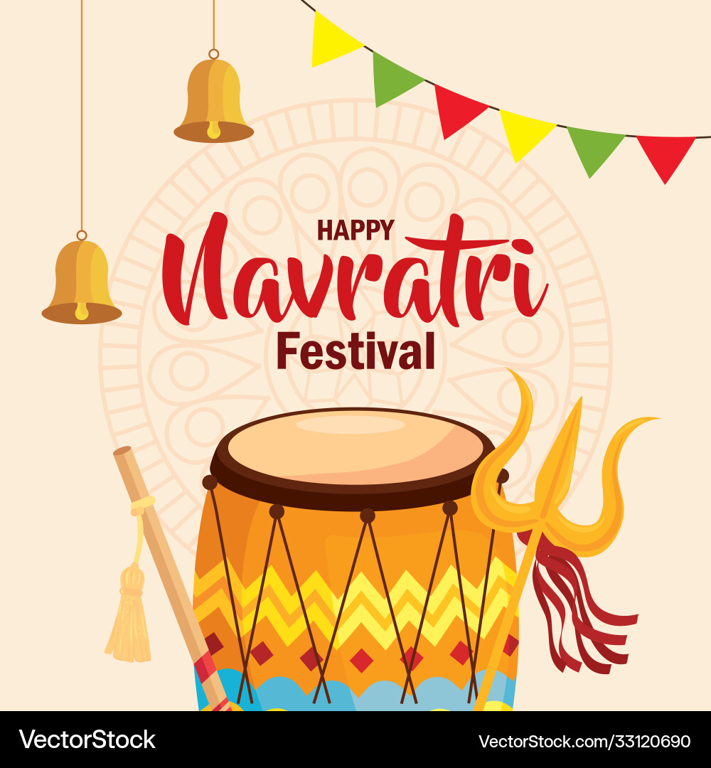 Happy navratri celebration poster with dhol Vector Image