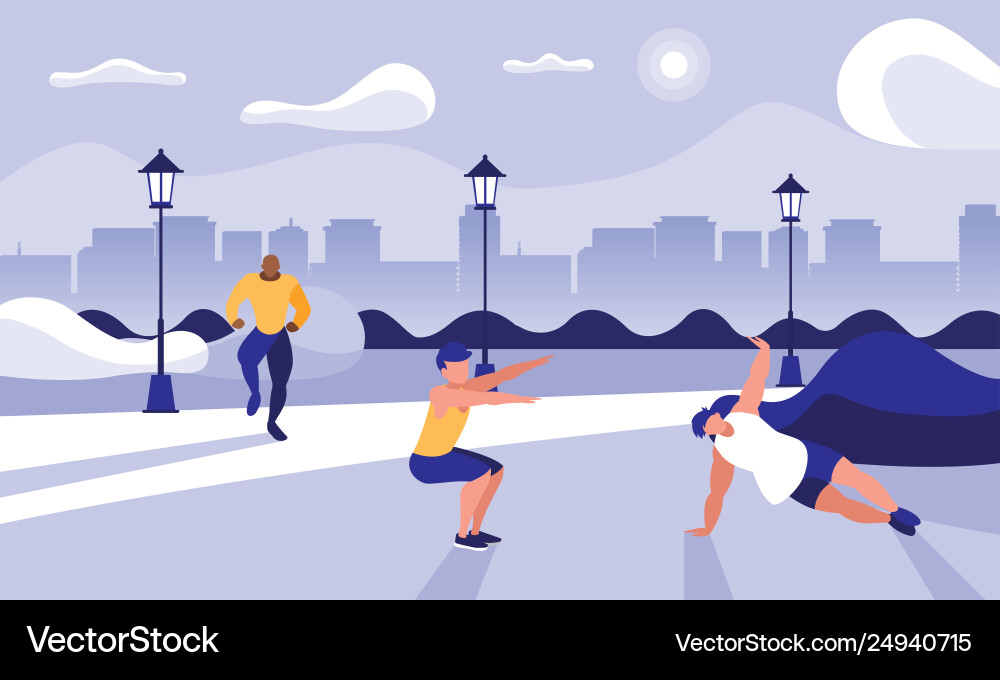 Young men practicing outdoor gym Royalty Free Vector Image