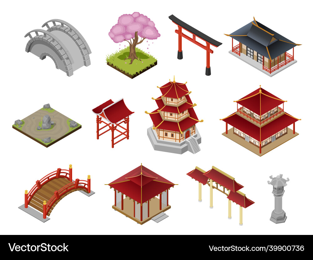 Asian building construction isometric set Vector Image