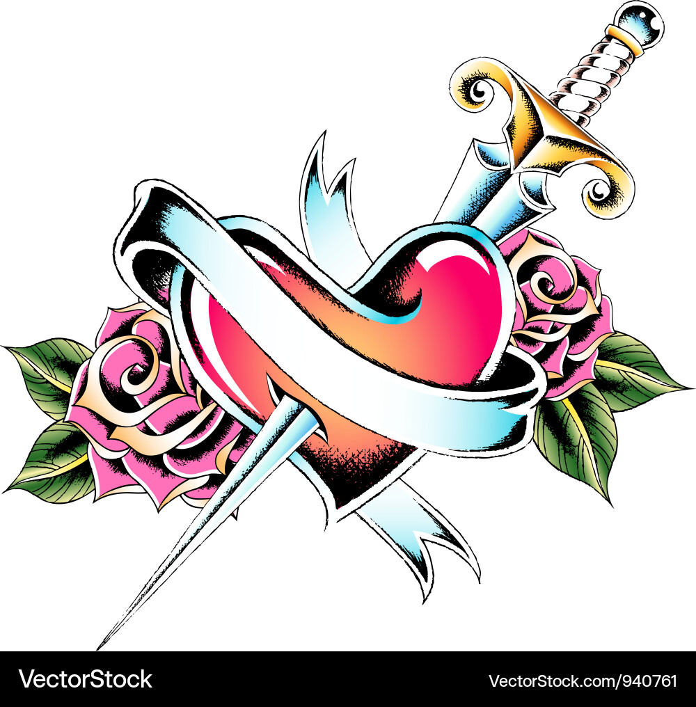 Sword heart ribbon leaves Royalty Free Vector Image