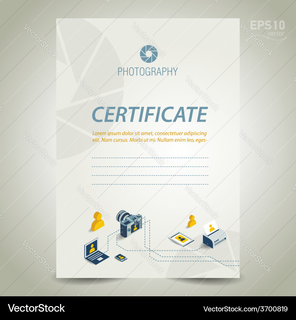 Photography certificate template design camera Vector Image