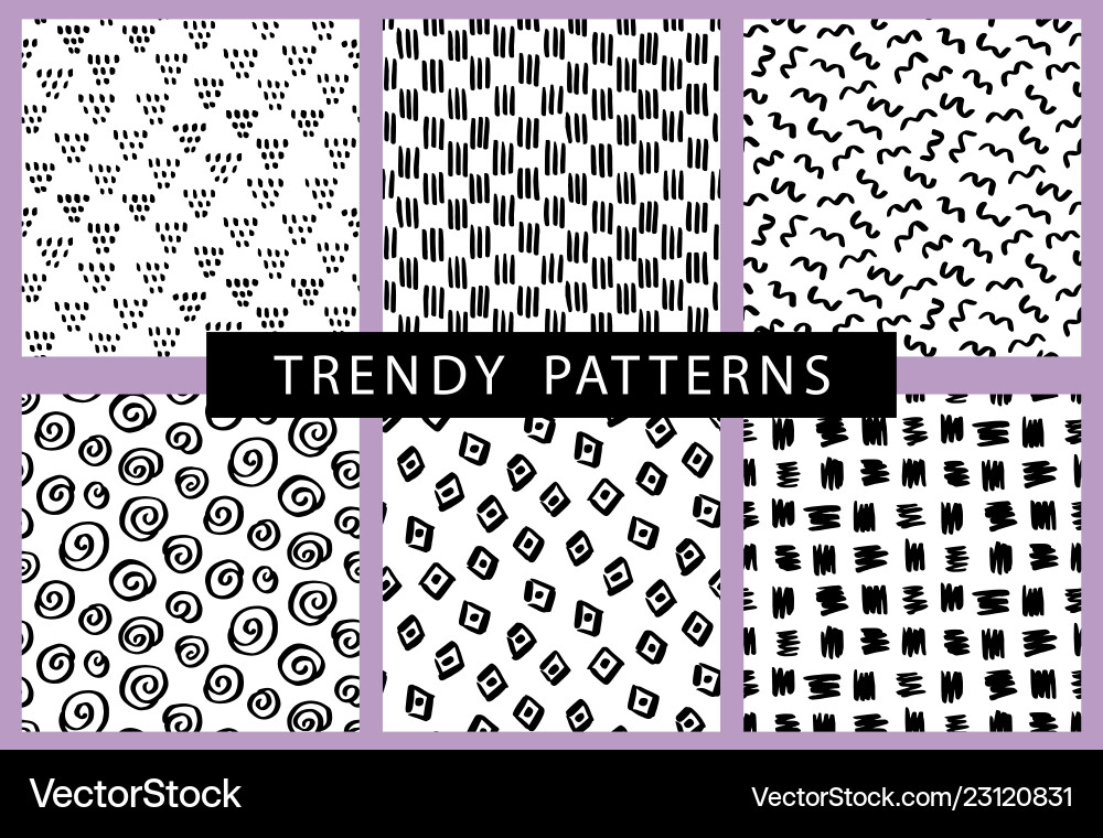 Trendy hand drawn minimal seamless patterns set Vector Image