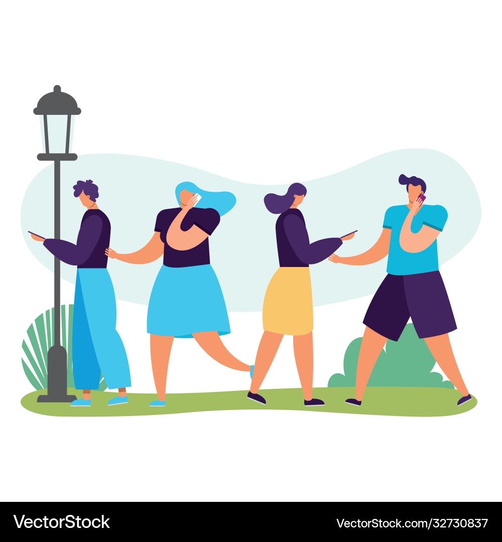Young people walking using smartphone characters Vector Image