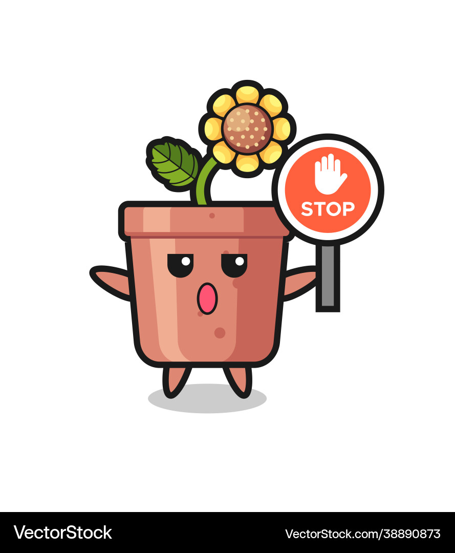 Sunflower pot character holding a stop sign Vector Image