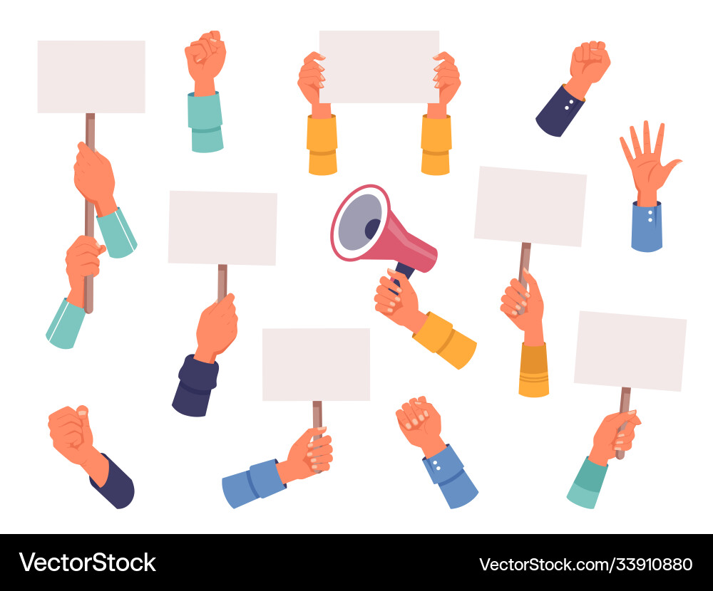 Protest banners and placards in hands megaphone Vector Image