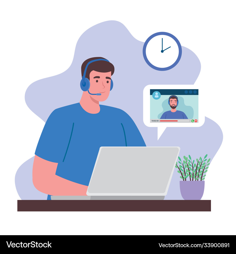 Telework man working from home in video Royalty Free Vector