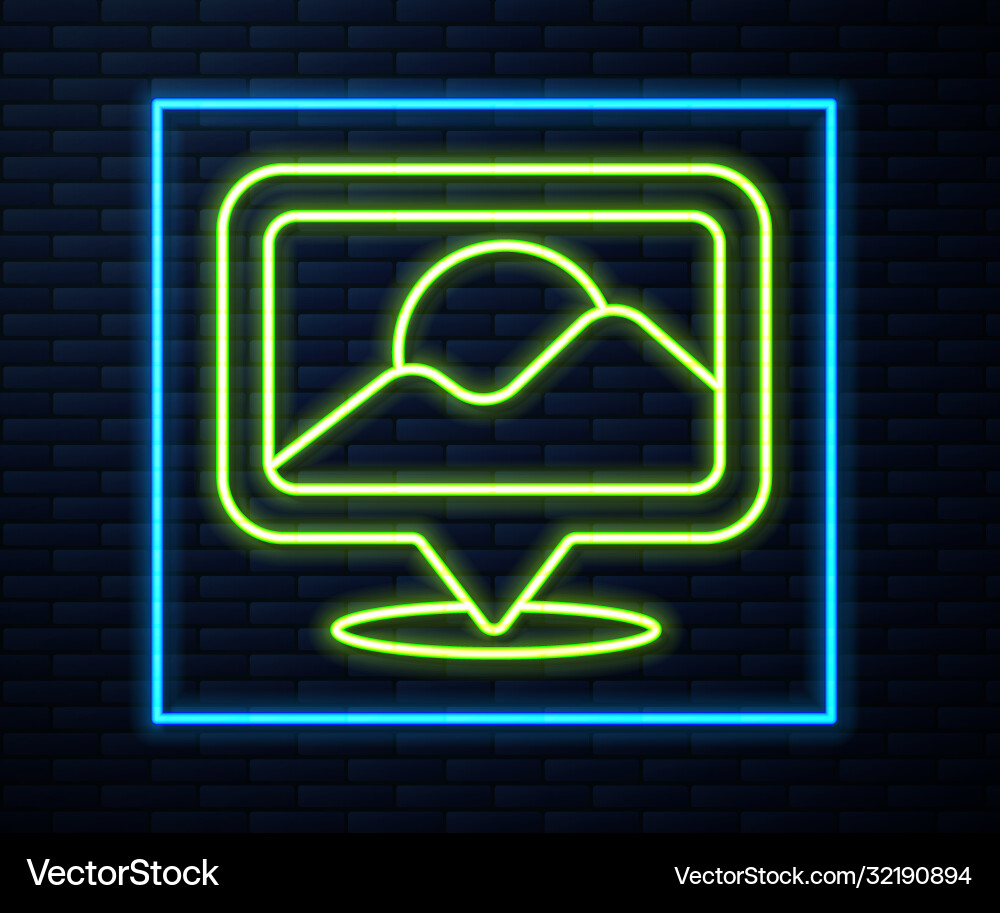 Glowing neon line map pin icon isolated on brick Vector Image