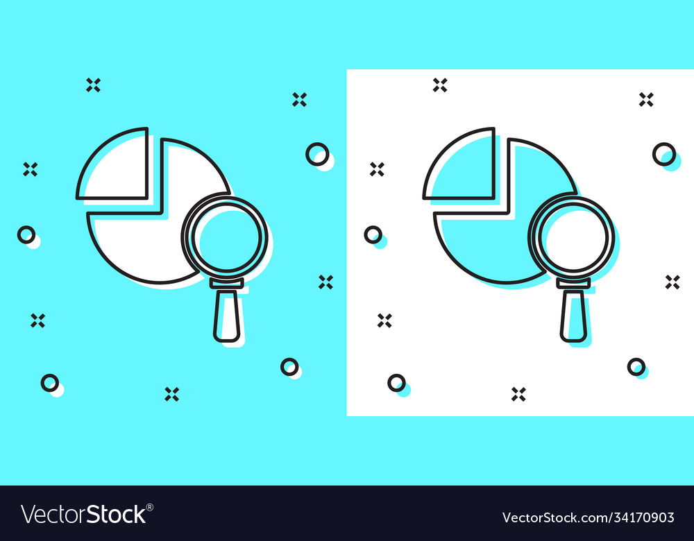 Black line magnifying glass and data analysis icon