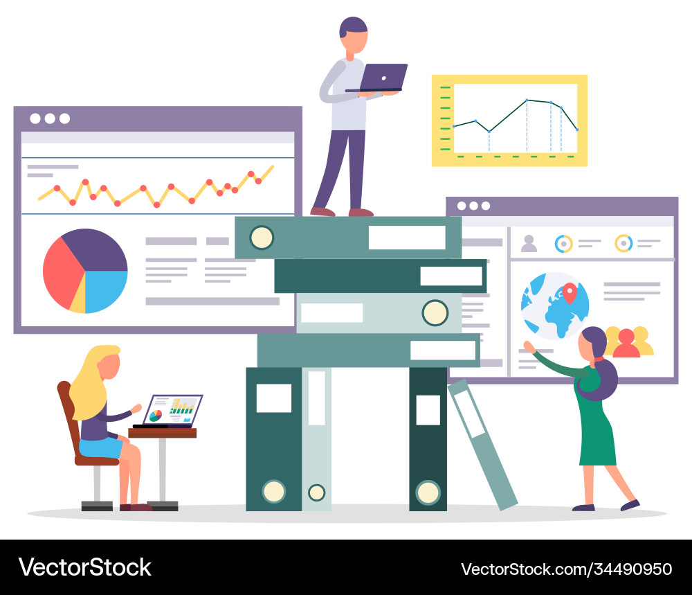 Workers research building business online Vector Image