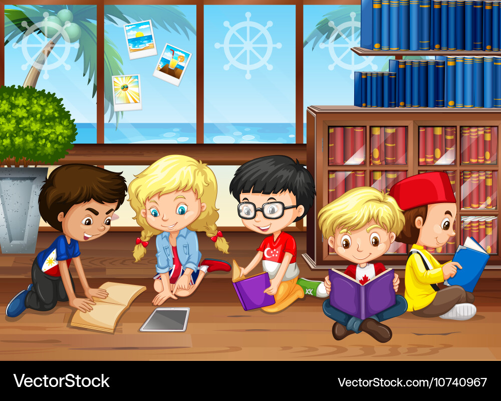 Children reading books in the library Royalty Free Vector