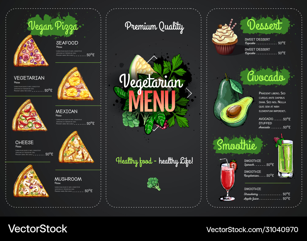 Vegetarian menu design with vegan meals Royalty Free Vector