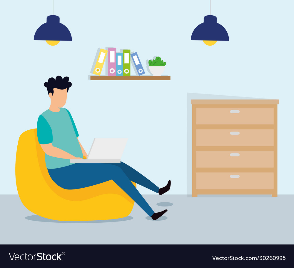 Man working in workplace with computer and icons Vector Image