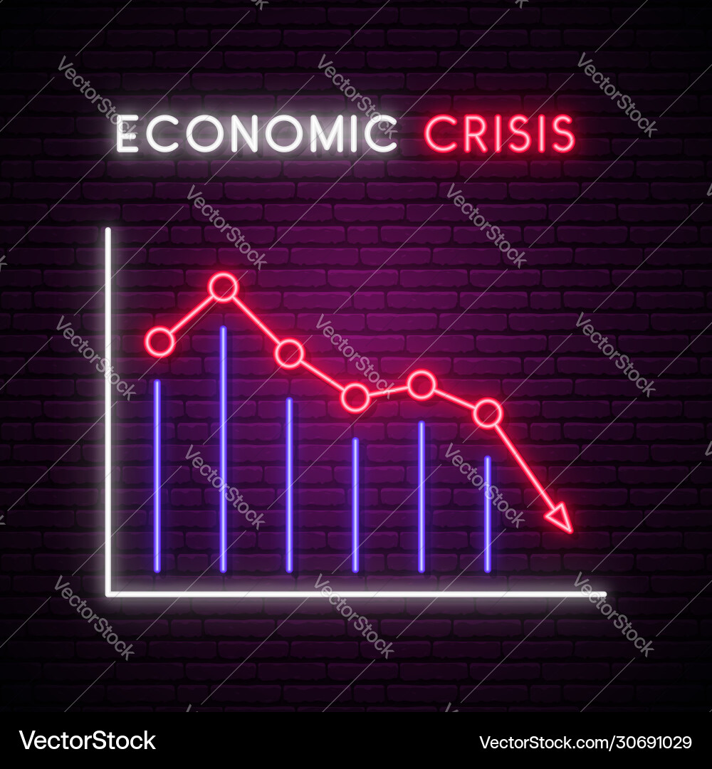 Neon economic crisis sign chart with down Vector Image