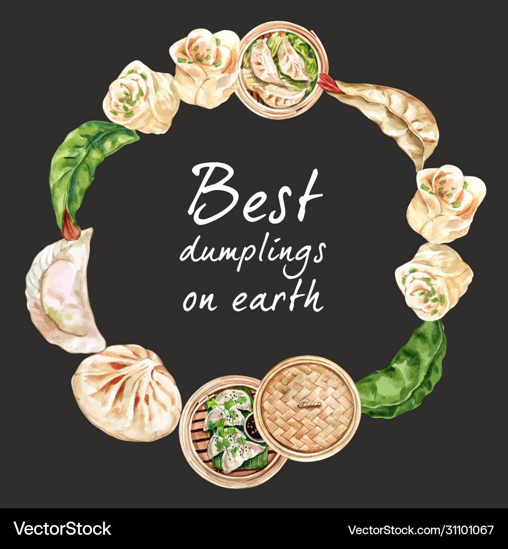 Dim sum wreath design with dumpling watercolor Vector Image